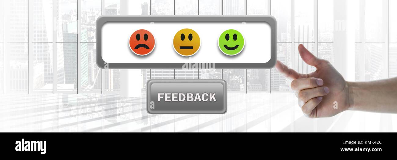 Digital composite of Hand touching feedback smiley faces satisfaction ...