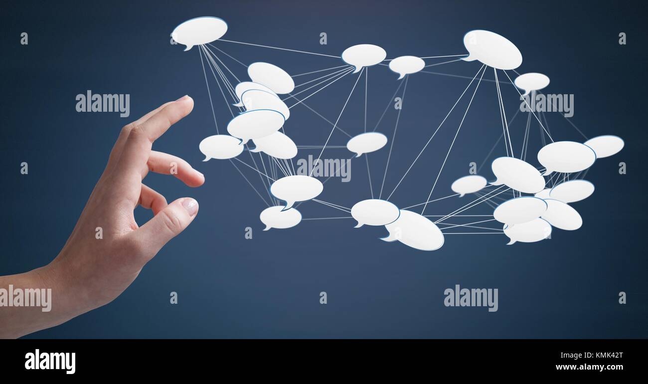 Digital composite of Hand touching 3D chat bubble connected icons Stock ...