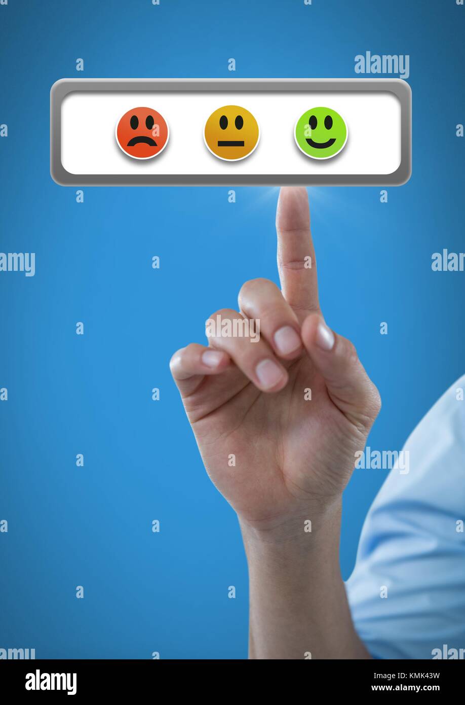 Digital composite of Hand touching feedback smiley faces satisfaction ...