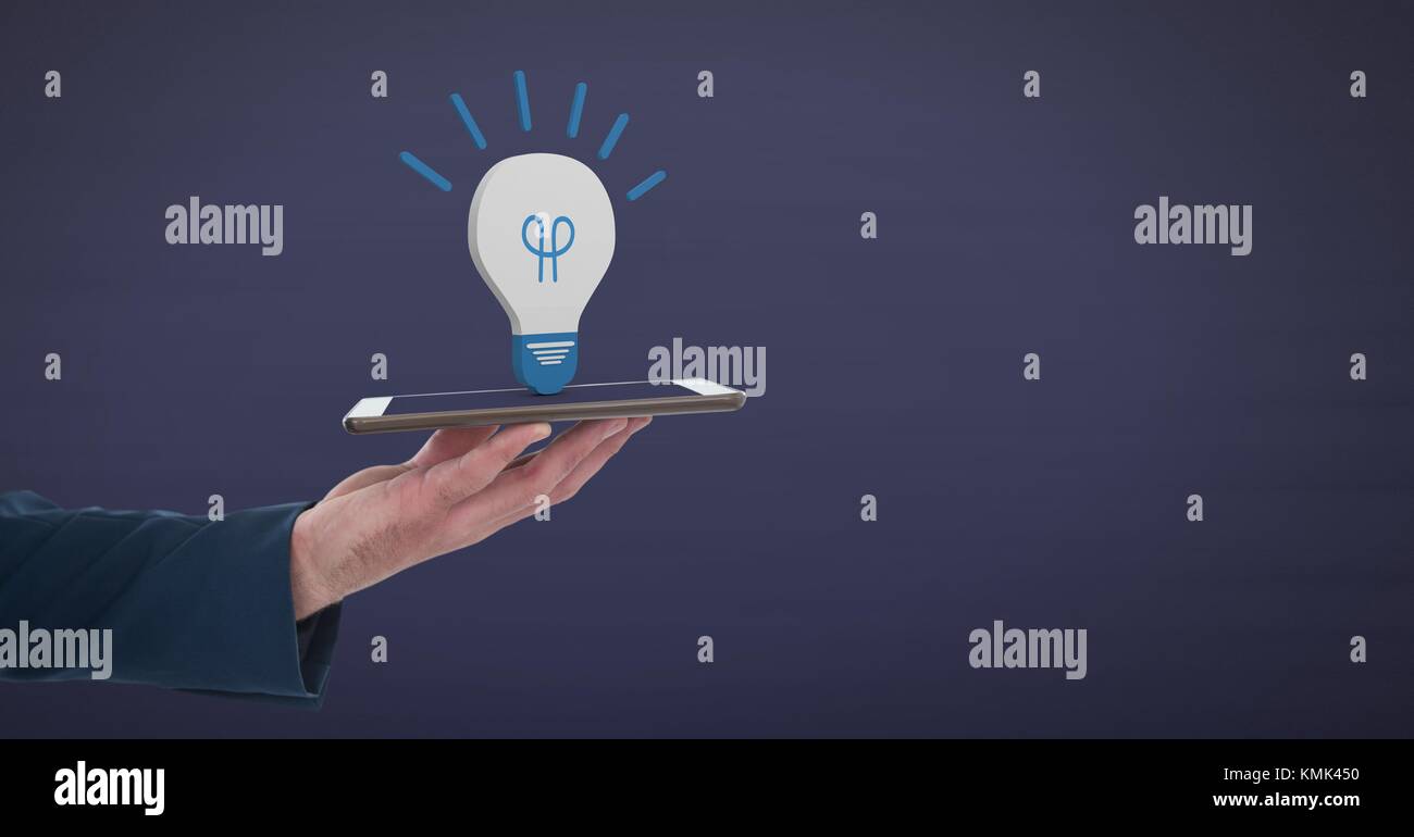 Digital composite of Hand holding tablet with 3D light bulb idea icon ...