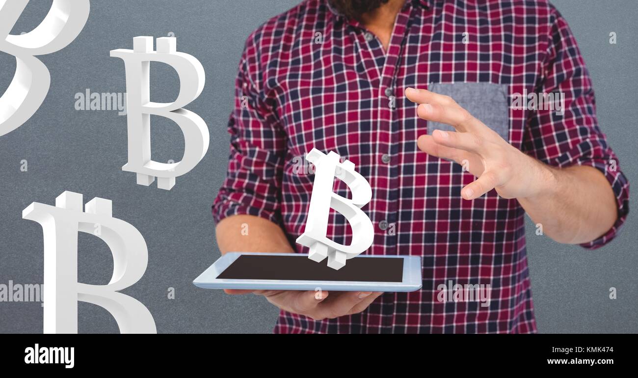 Digital composite of Hands holding tablet with bitcoin symbol icons ...