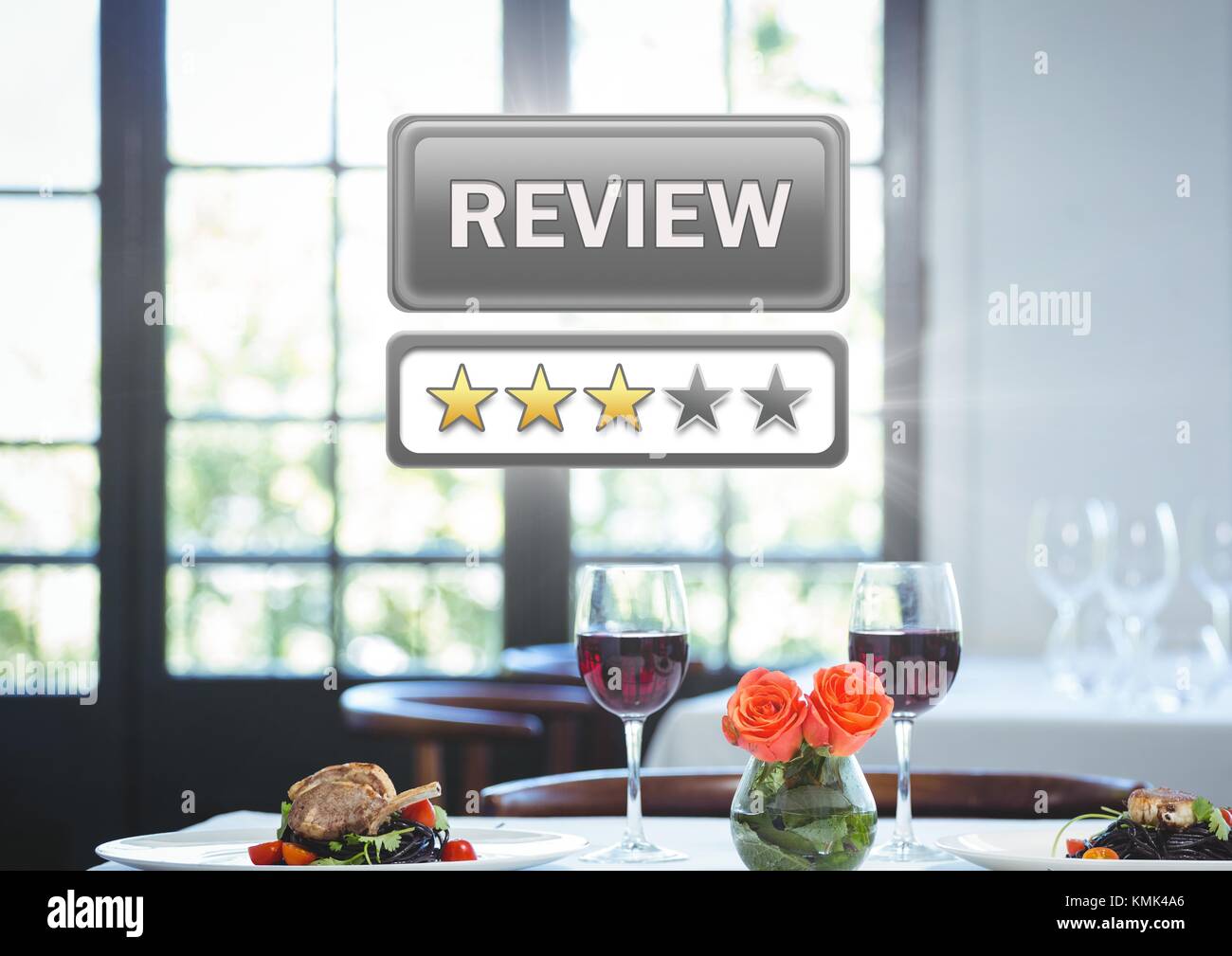 Digital composite of Review button and star ratings in restaurant Stock ...