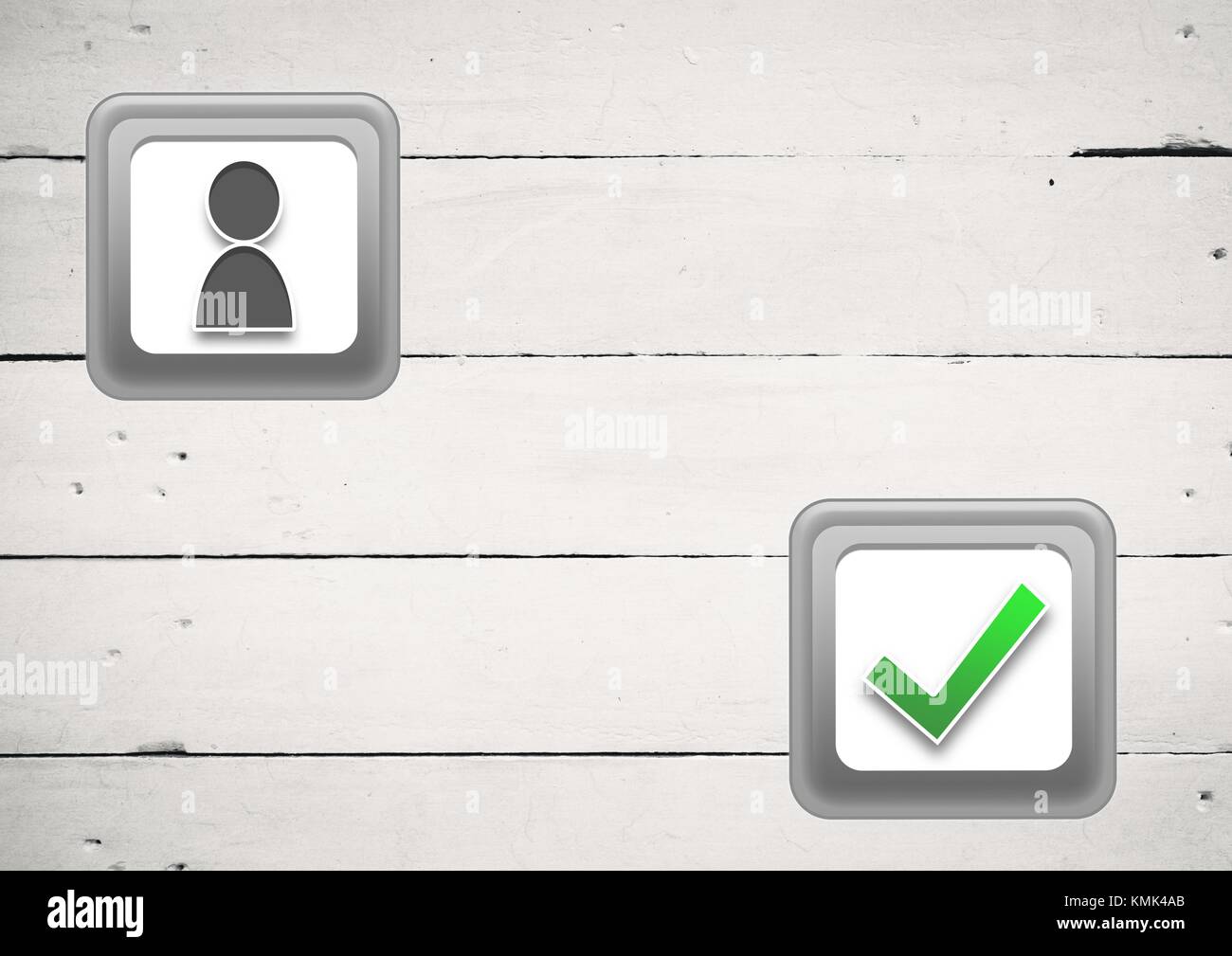Digital composite of user profile and correct tick button on white wood ...