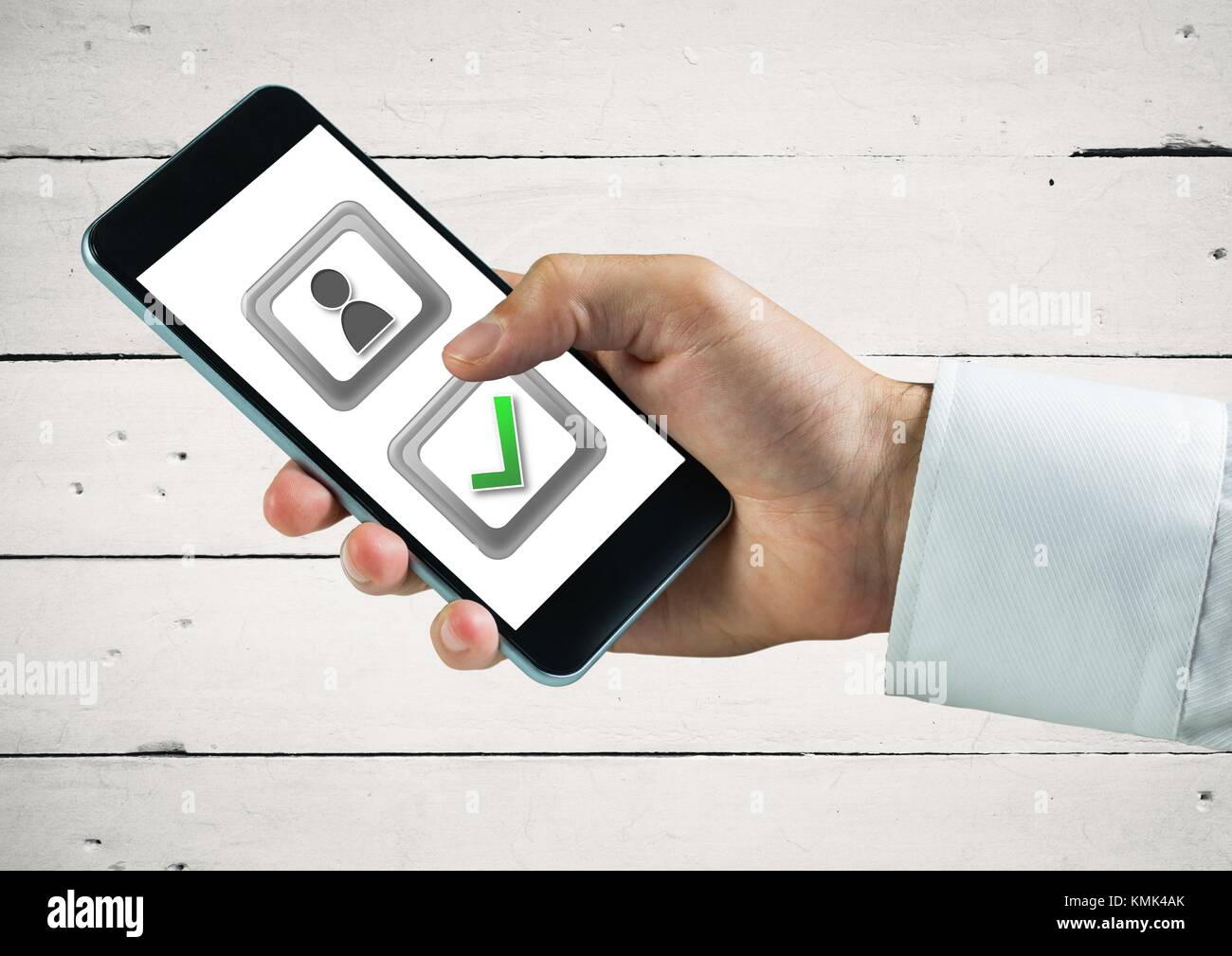 Digital composite of Hand holding phone with user feedback and correct ...