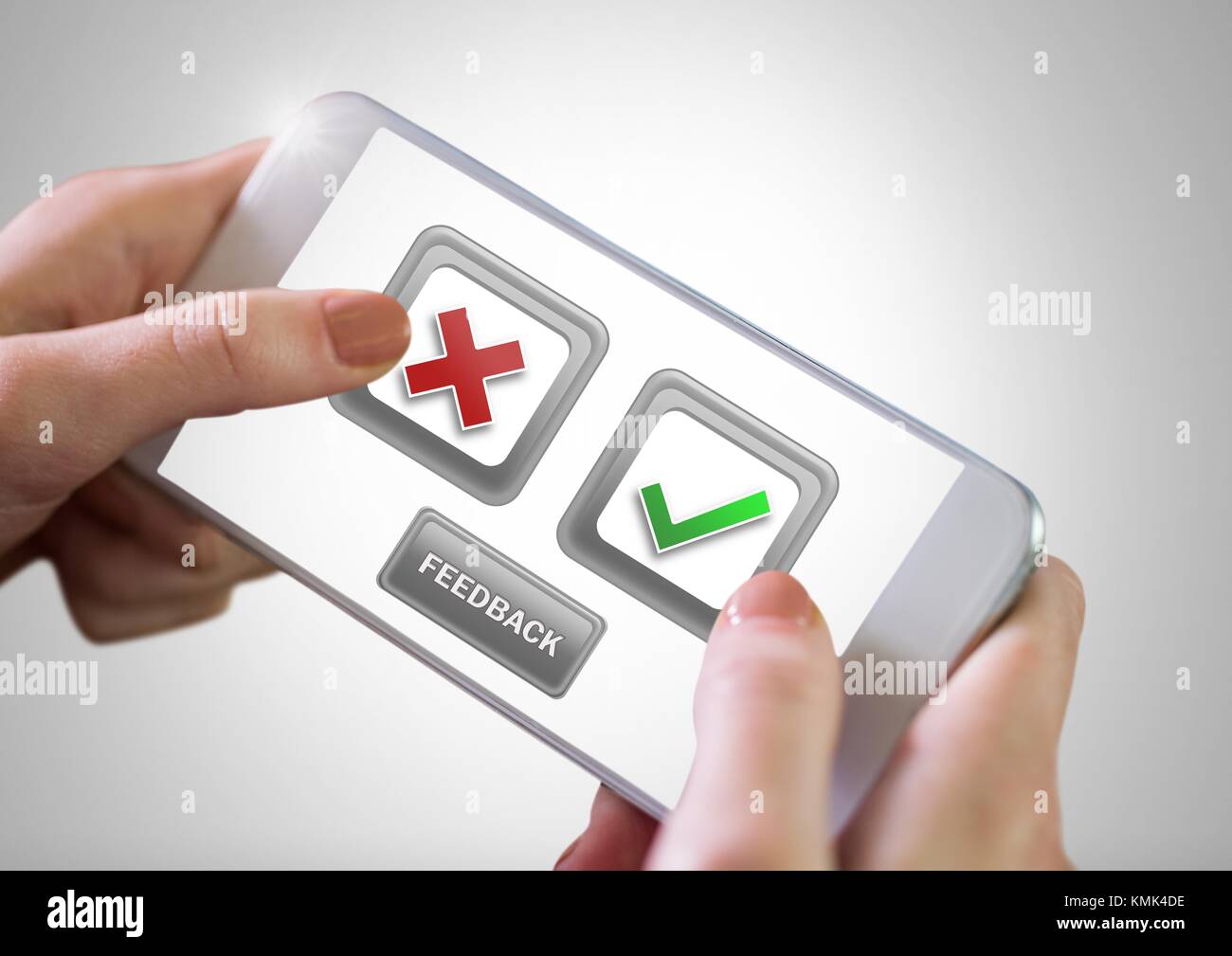 Digital composite of Hand holding phone with feedback buttons Stock ...