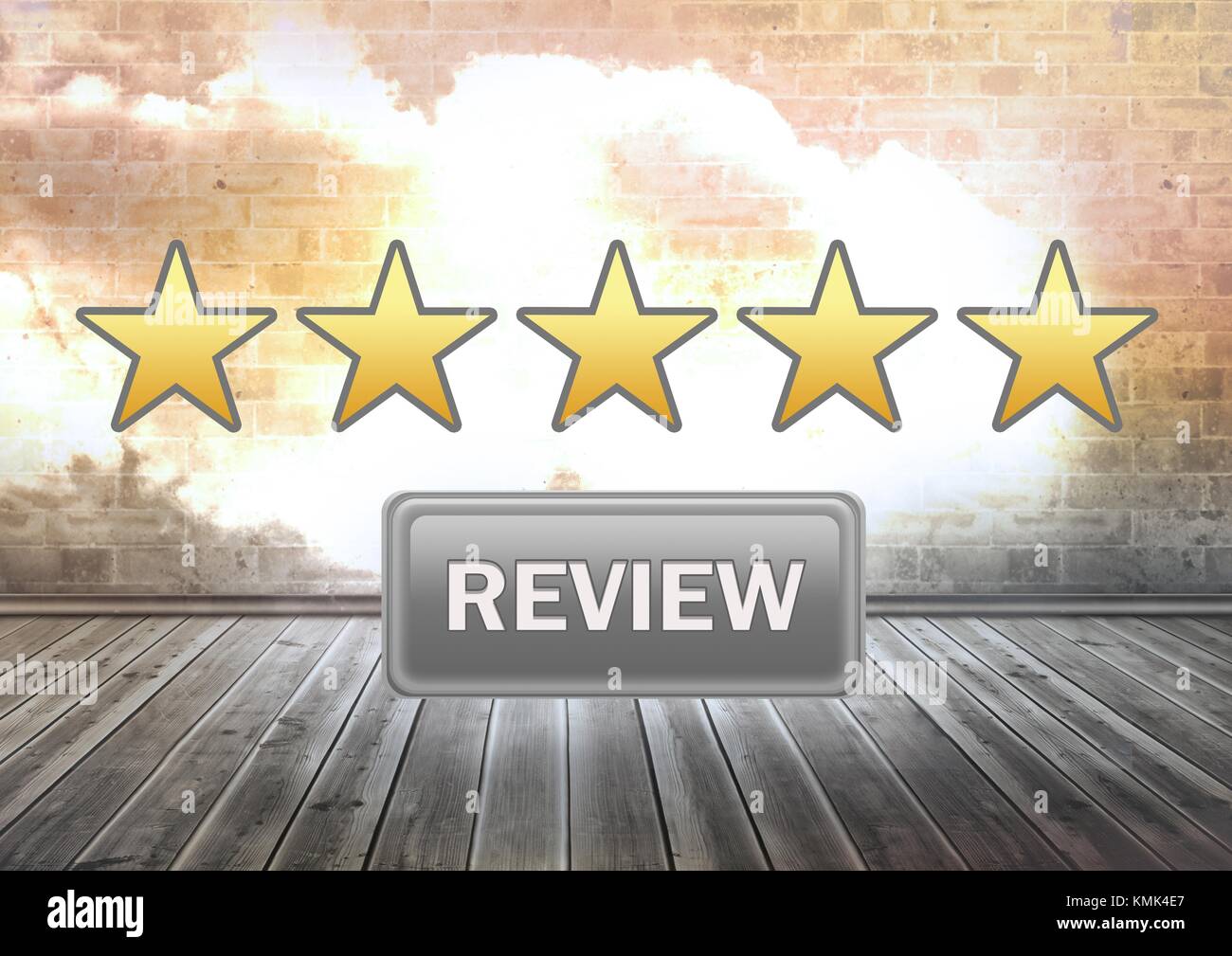Digital composite of five star review button rating in cloudy room ...