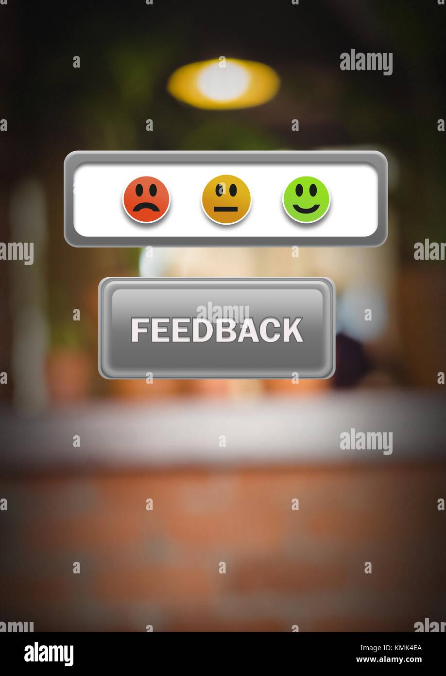 Digital composite of feedback button with smiley face satisfaction ...