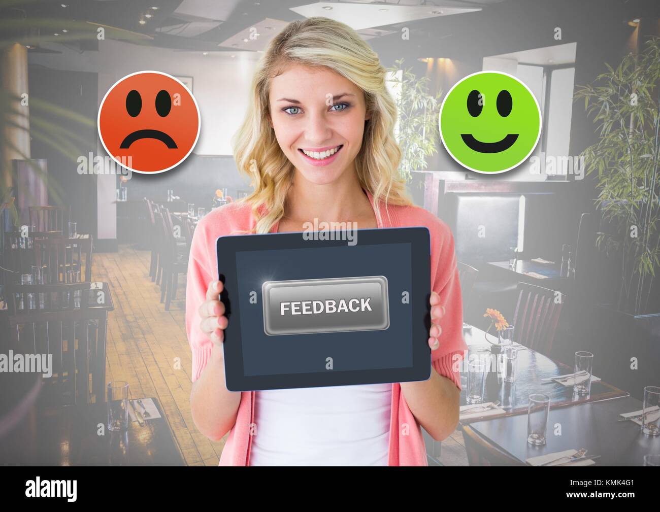 Digital composite of Woman holding tablet with feedback smiley face ...