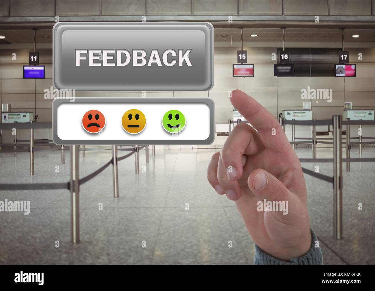 Digital composite of Hand pointing at feedback button and smiley faces ...