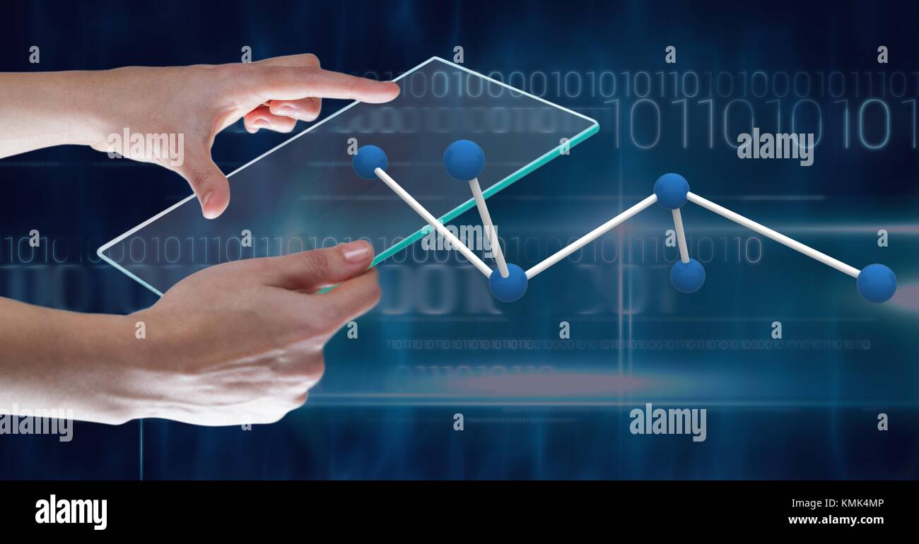 Digital composite of Hand holding tablet with 3D science connector icon ...