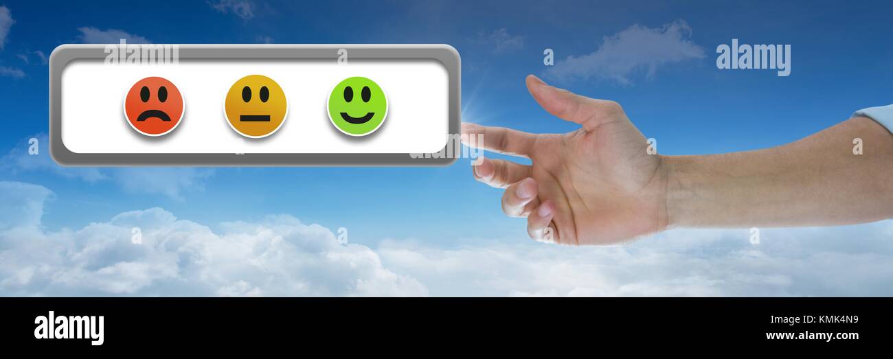 Digital composite of Hand touching feedback smiley faces satisfaction ...