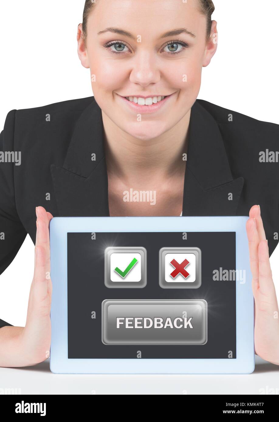 Digital composite of Woman holding tablet with feedback buttons Stock ...