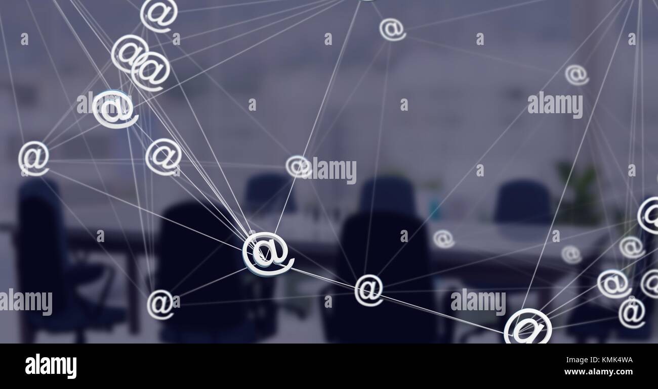 Digital composite of 3D @ connected icons with office background Stock ...
