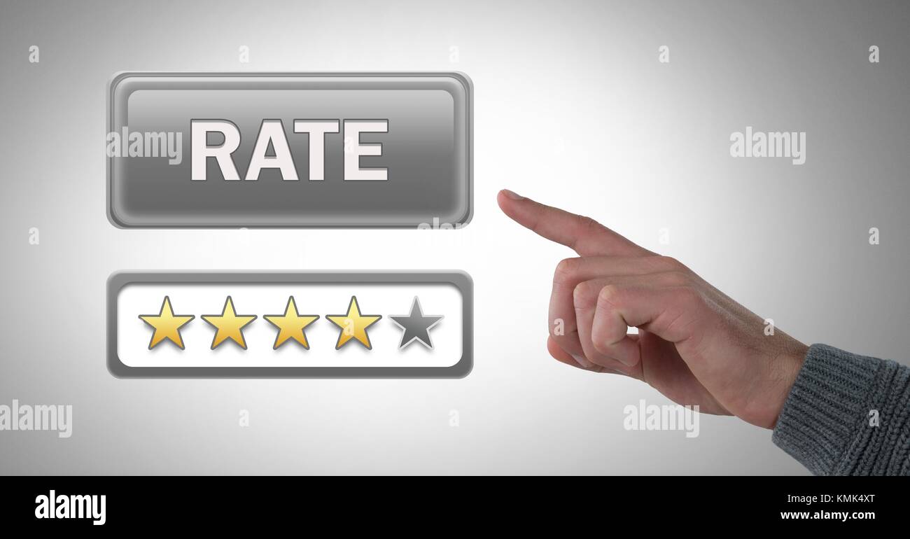 Digital composite of Hand pointing at rate button and review stars ...