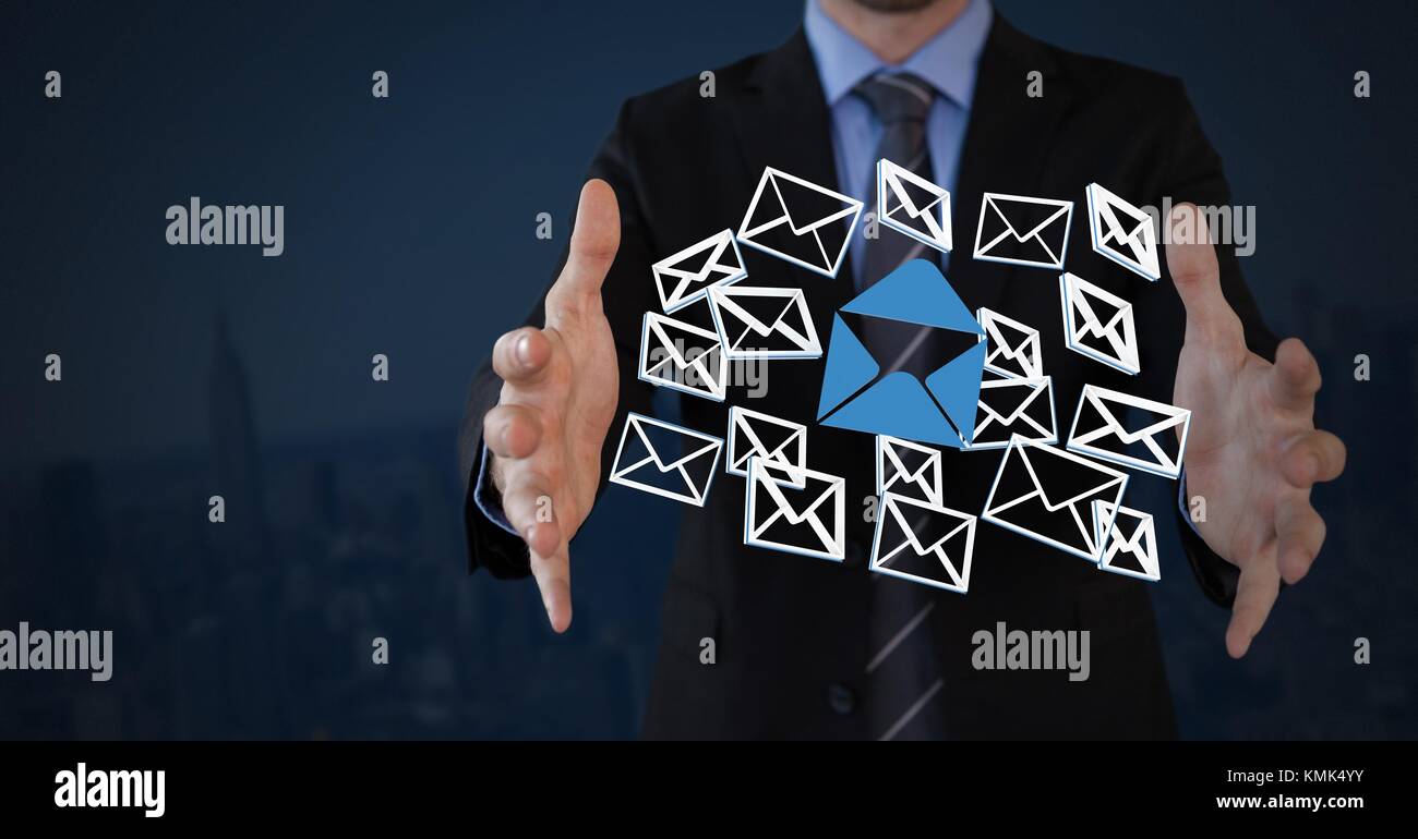 Digital composite of Email message app icons and Businessman with hands ...