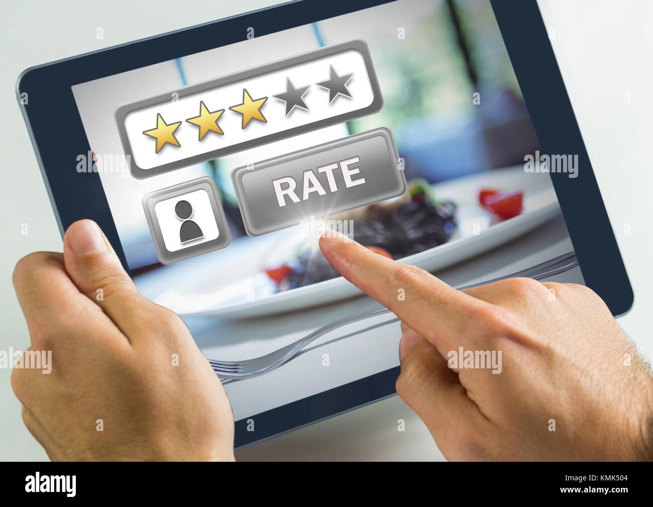 Digital composite of Hand touching tablet with Rate button and review ...