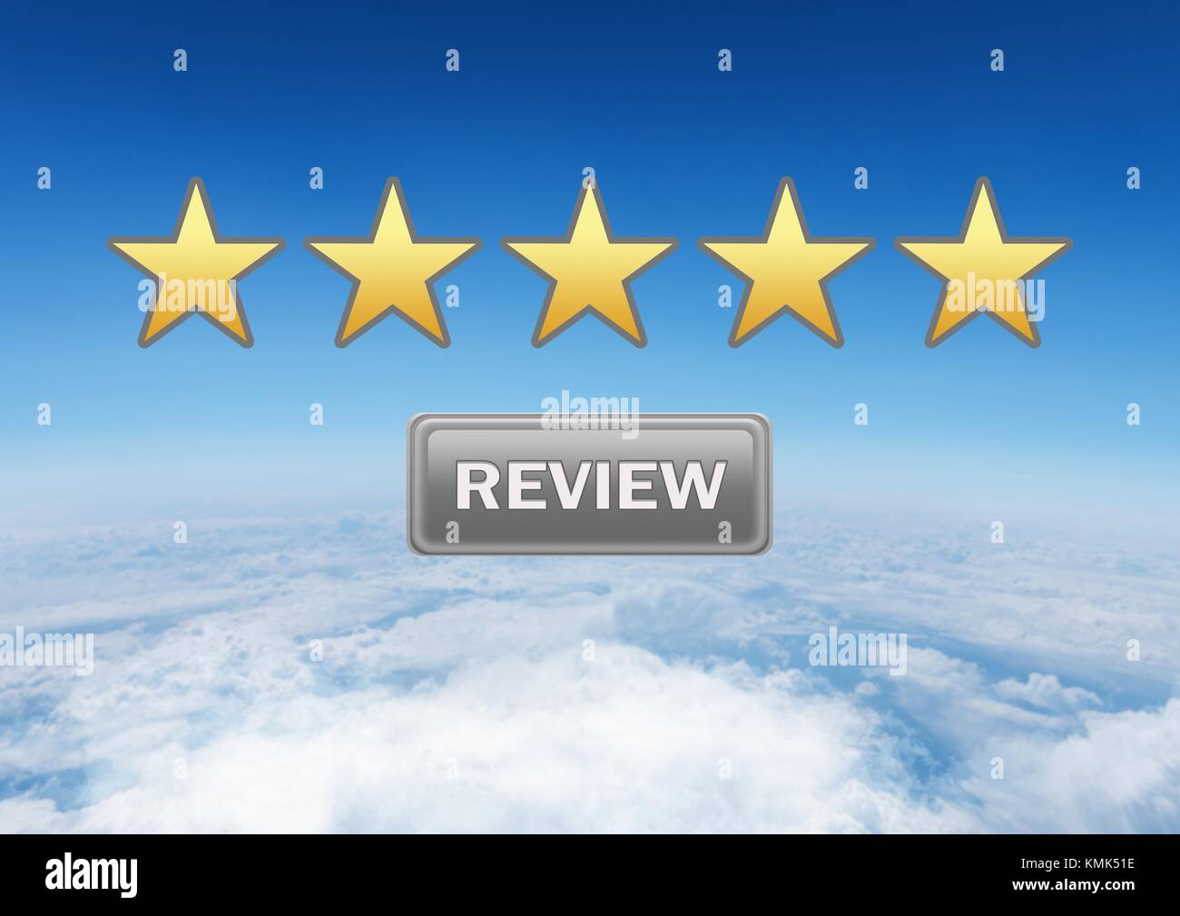 Digital composite of five star review rating button in sky Stock Photo ...