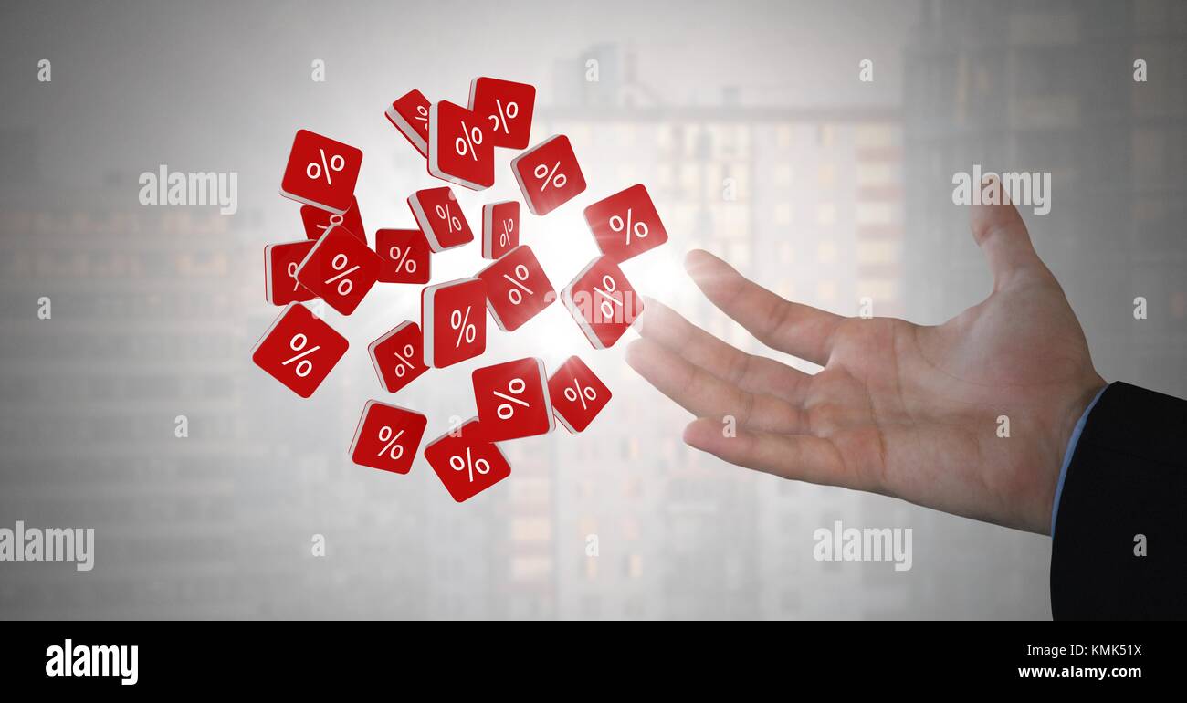 Digital composite of Percent icons and Businessman with hand palm open ...