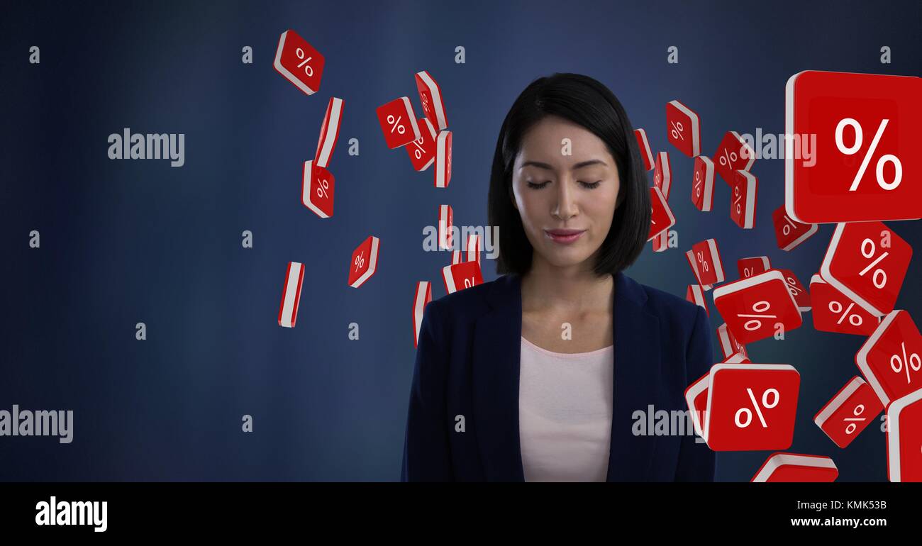 Digital composite of Percent icon symbols and Businesswoman with eyes ...