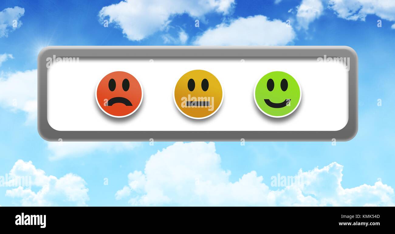 Digital composite of smiley faces feedback satisfaction buttons in sky ...