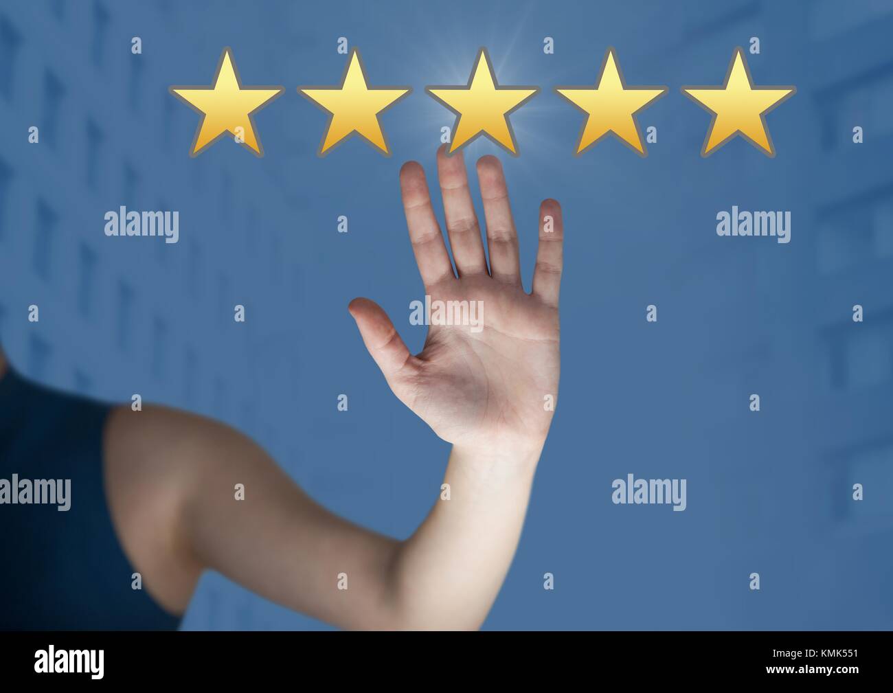Digital composite of Hand touching five star review Stock Photo - Alamy