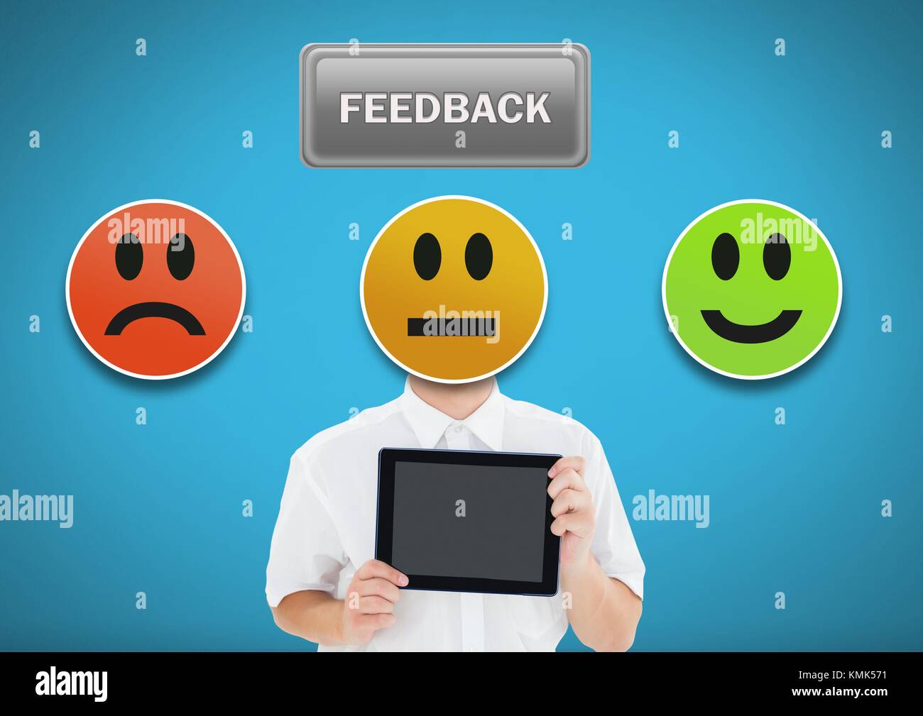Digital composite of Man holding tablet with feedback smiley ...