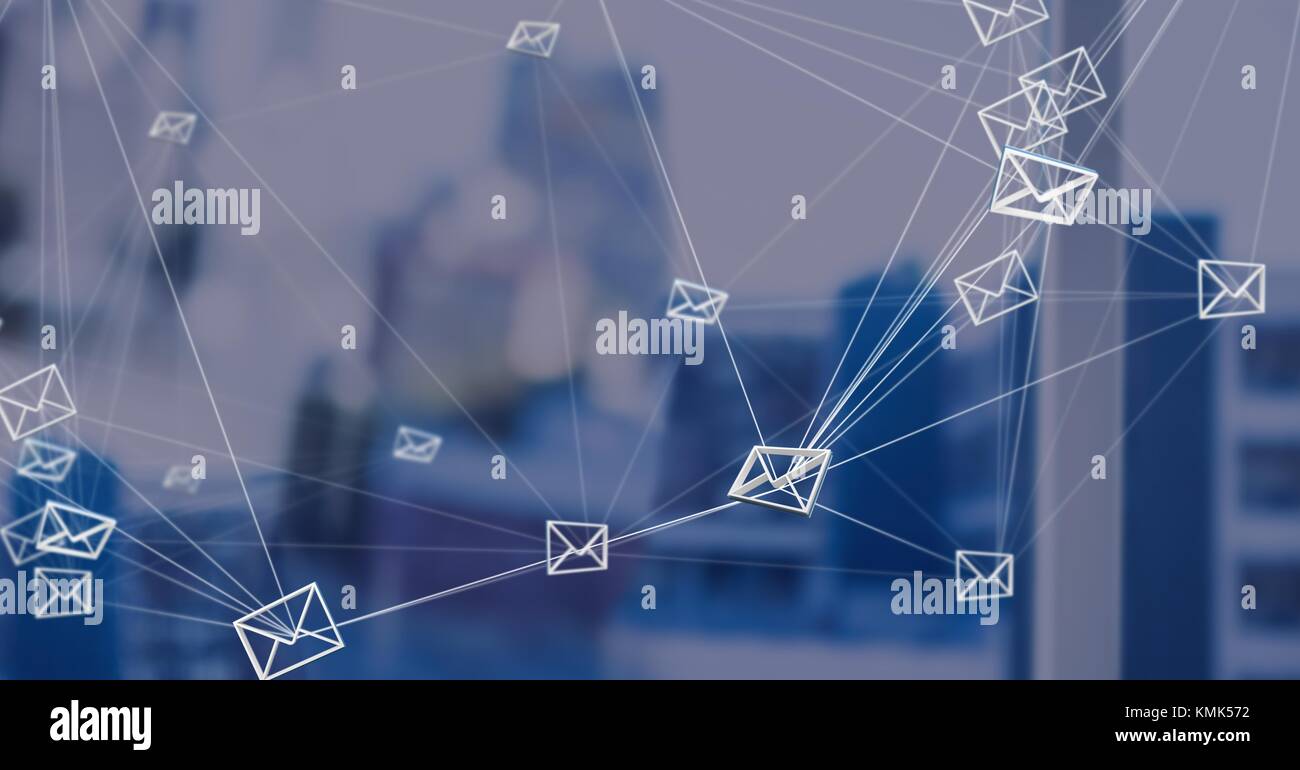 Digital composite of 3D email message connected icons with blue ...