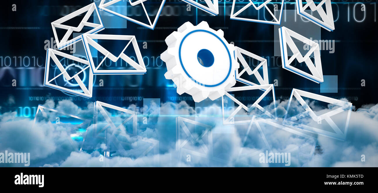 View of cloudscape against blue technology design with binary code ...