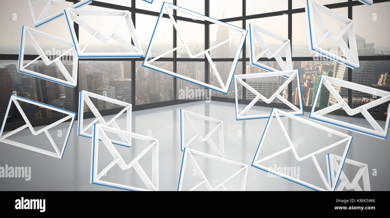 Multiple message symbols against room with large window showing city ...