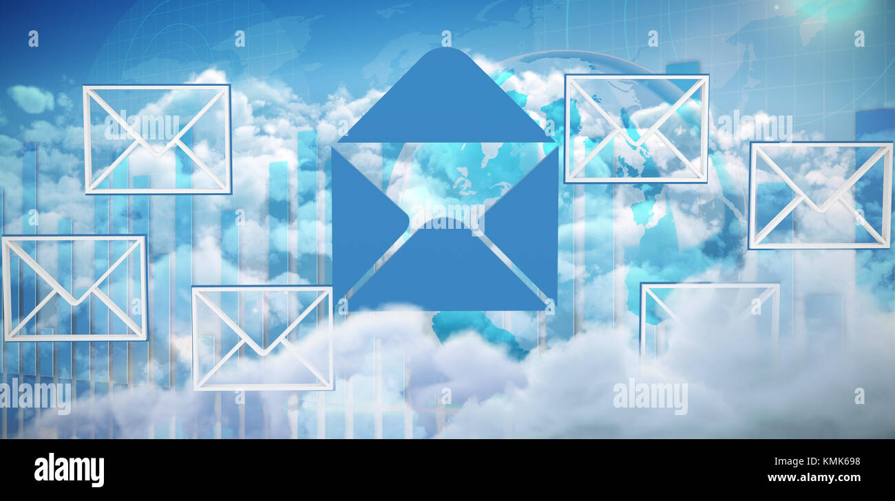 Multiple message symbols against global business graphic in blue Stock ...