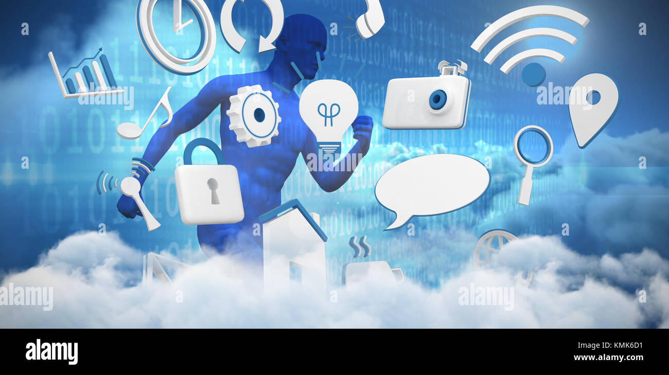 Various internet icons against composite image of blue character ...
