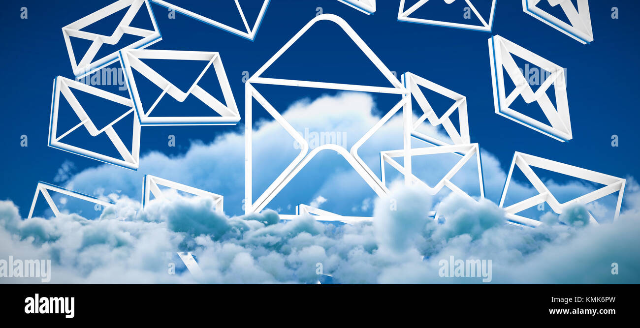 Multiple message symbols against low angle view of white clouds against ...