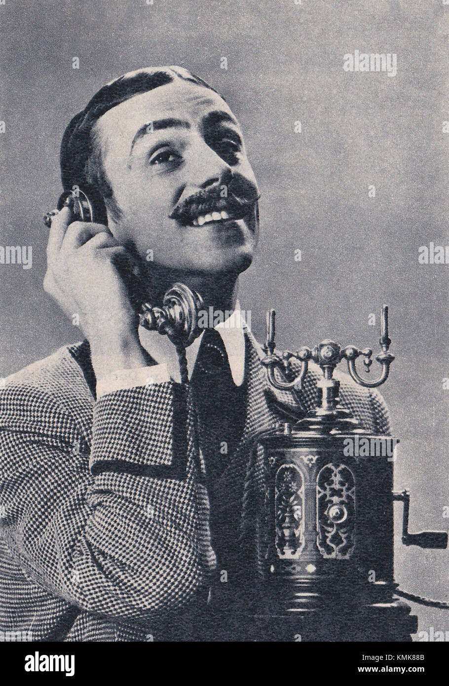 A depiction from 1875 illustrating early telephone communication ...