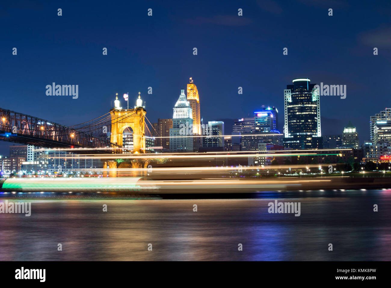 Skyline of Cincinnati, Ohio and the John A Roebling Suspension Bridge ...