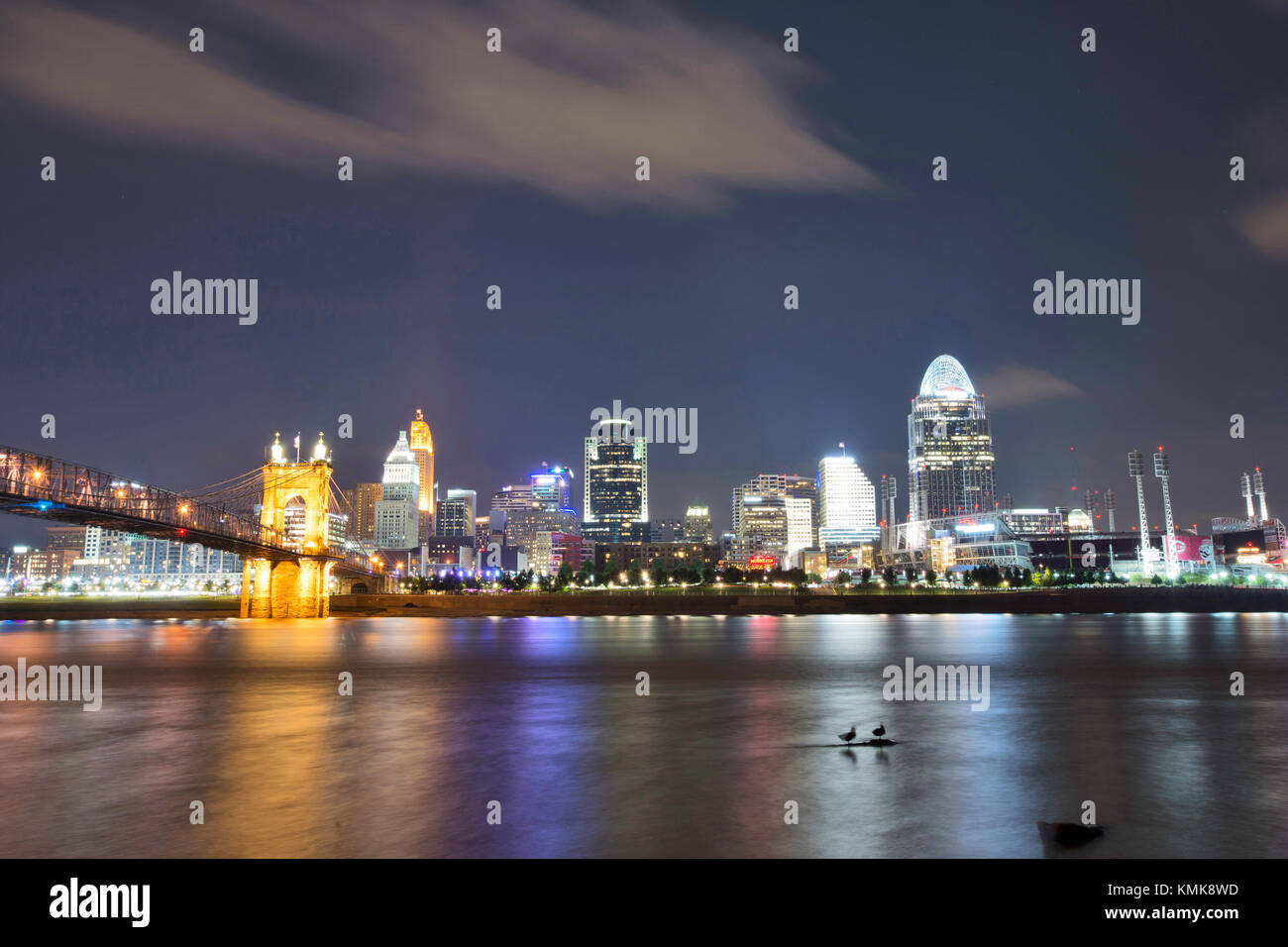 Skyline of Cincinnati, Ohio and the John A Roebling Suspension Bridge ...