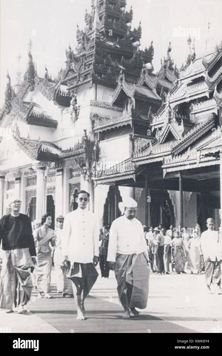This historic photograph shows King Bhumibol Adulyadej of Thailand and U Win Maung of Burma ...