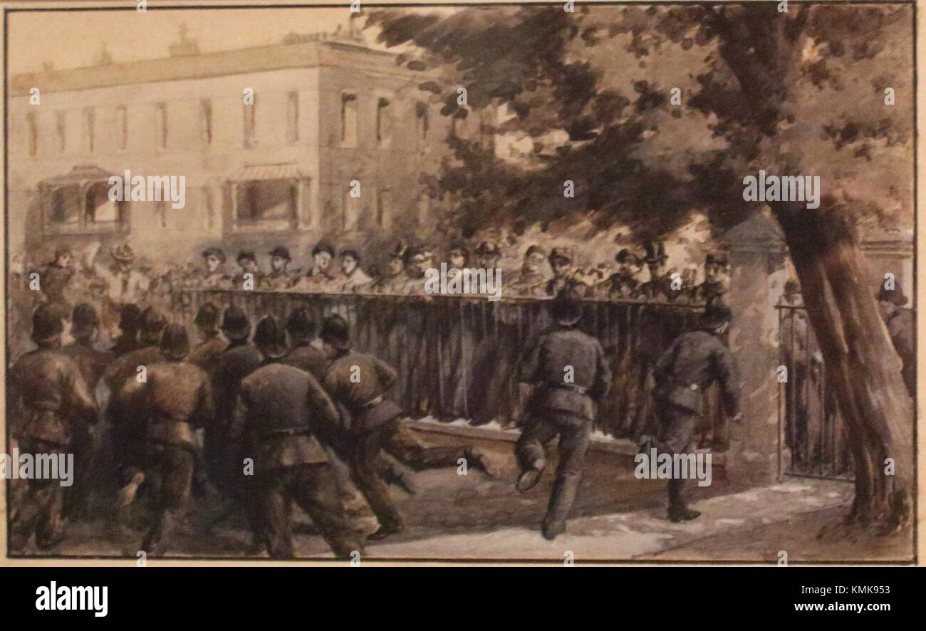 A historical image from 1867 depicting the removal of railings in Hyde ...