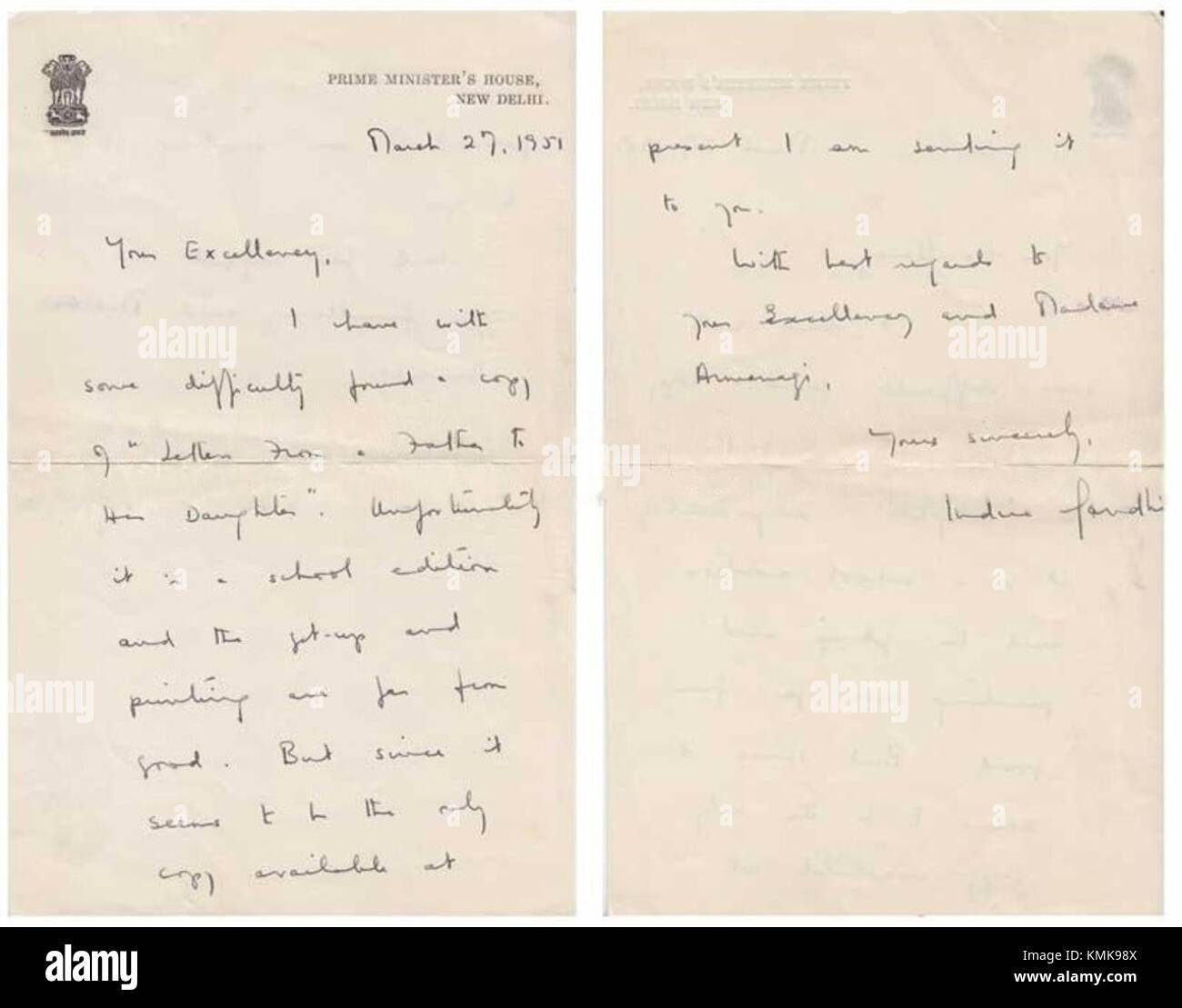 A letter from Indira Gandhi, the Prime Minister of India, to Syria's ...