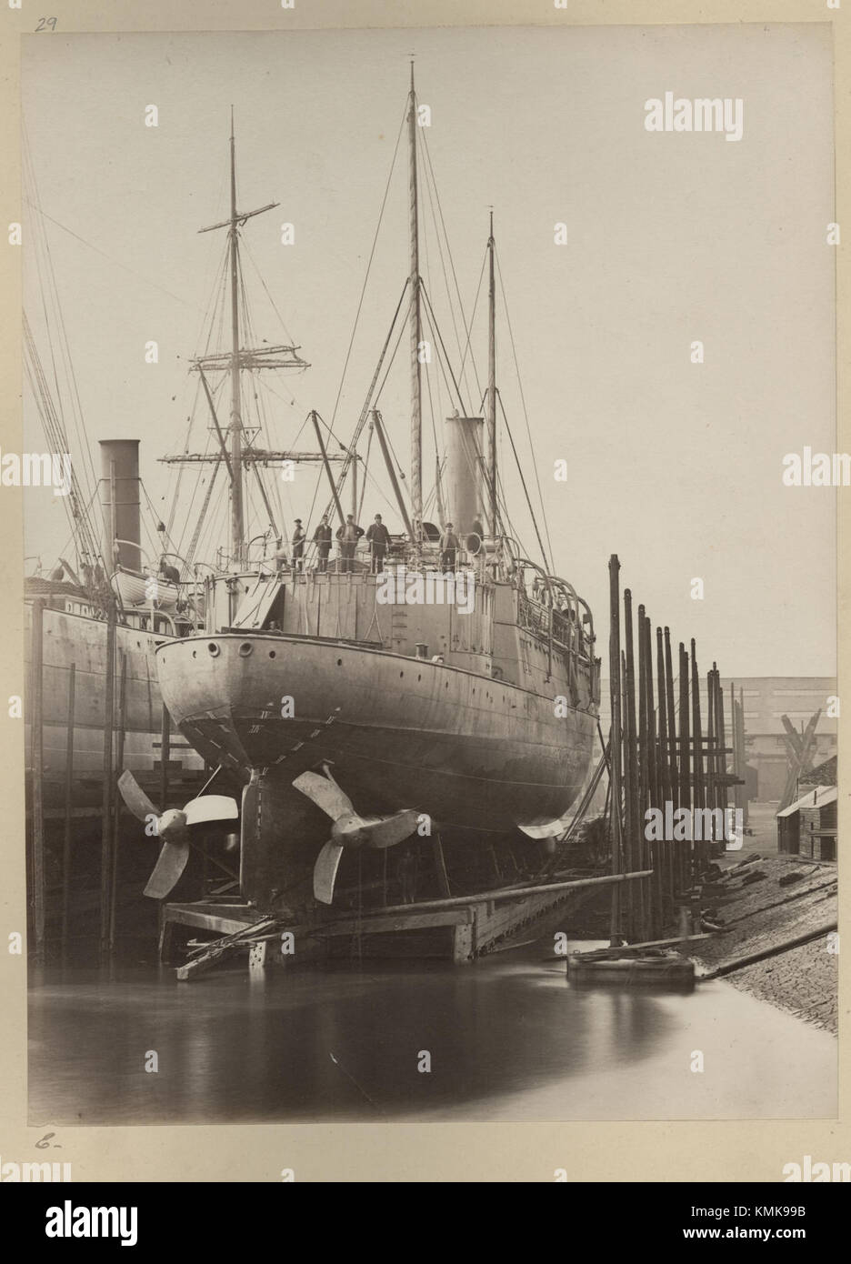 The Chinese cruiser Yangwei in drydock, undergoing maintenance and ...