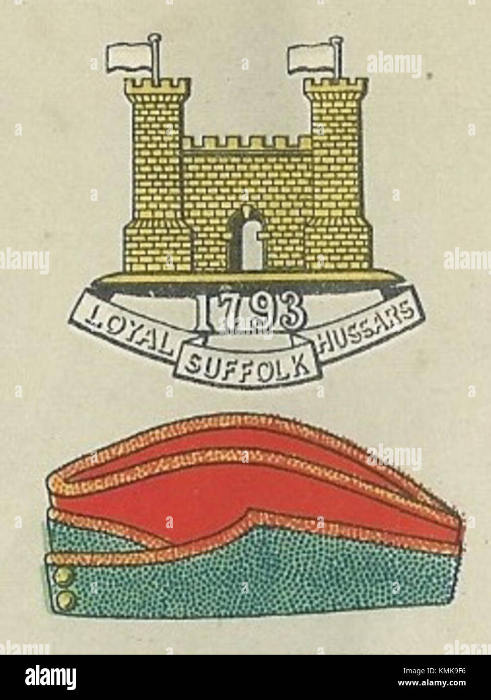 A military badge and service cap worn by the Loyal Suffolk Hussars, a ...