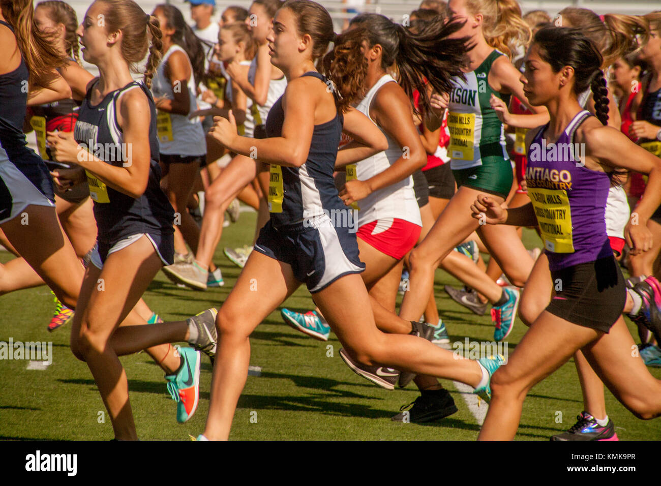 Multiracial teenage girls start a cross country foot race at a high ...