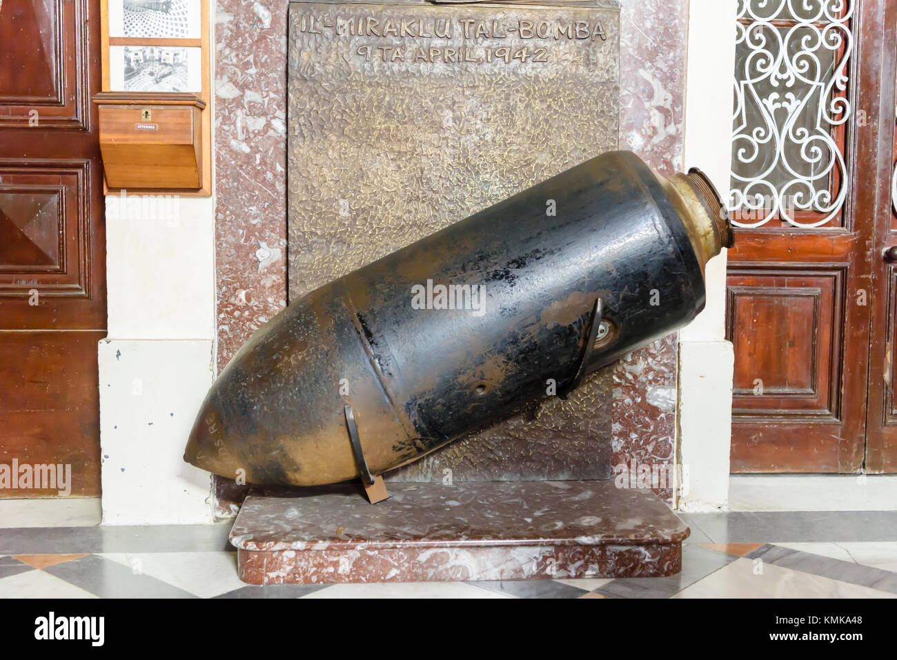 Unexploded bomb which fell on the roof of the Rotunda, Mosta, Malta, on ...