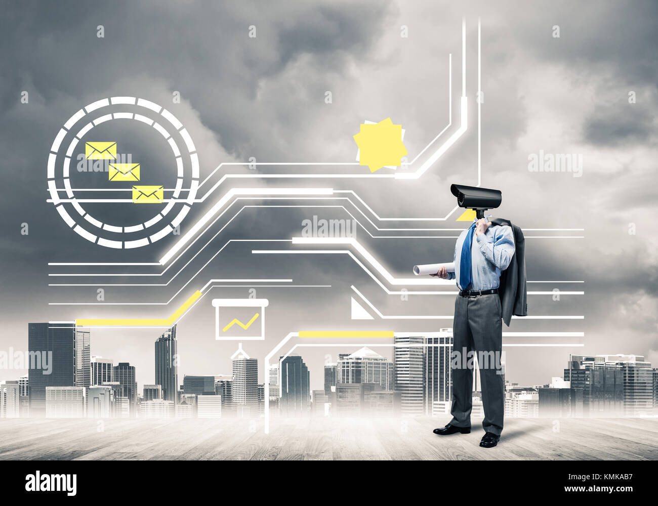 Camera headed man standing on wooden floor against modern citysc Stock ...