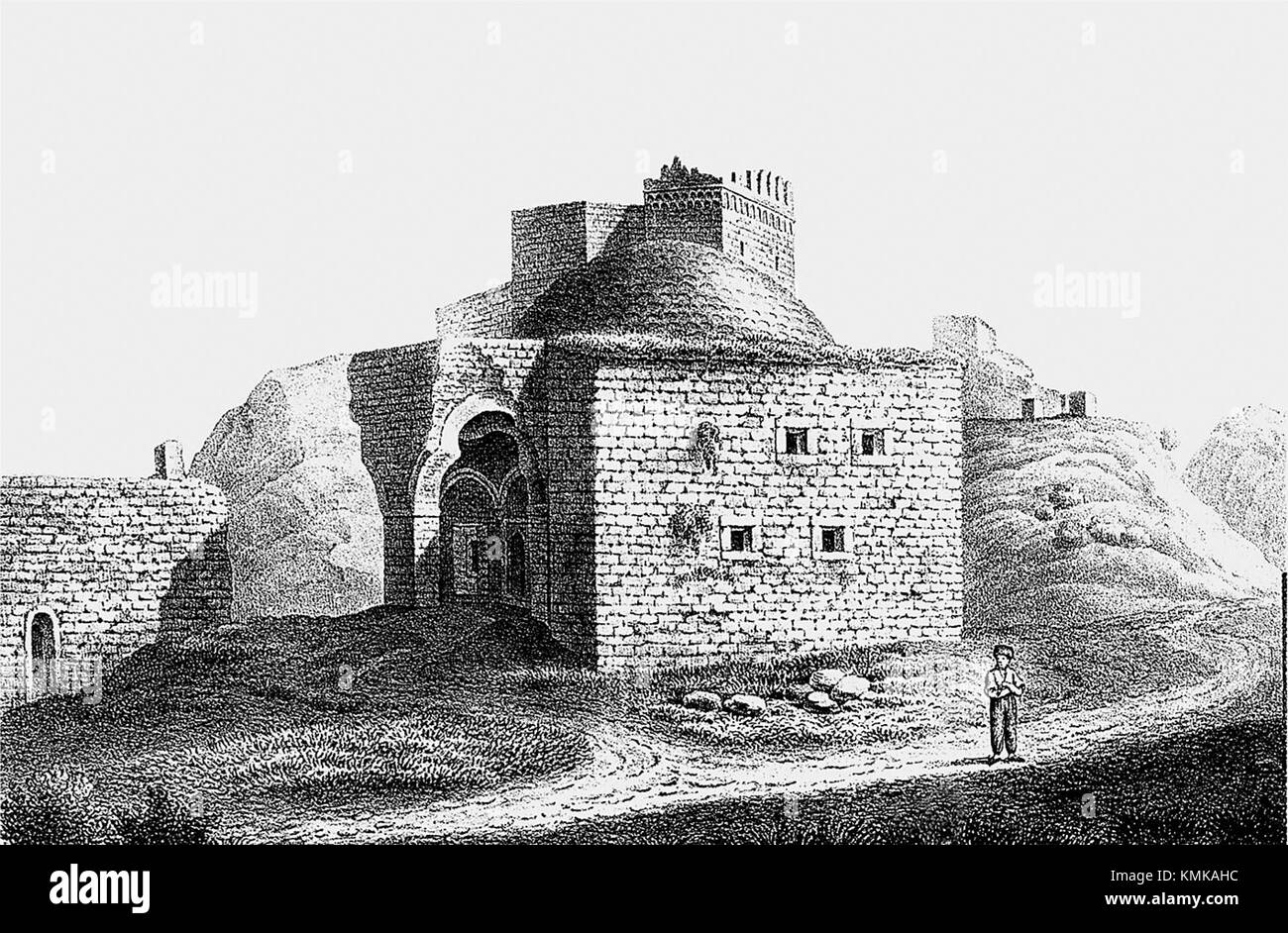 An engraving of a mosque, likely depicting the architectural details ...