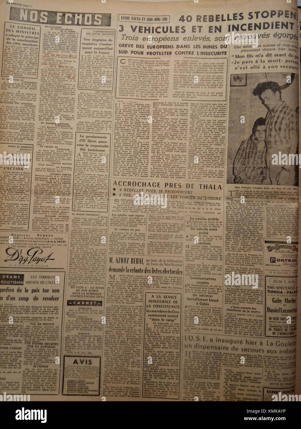 A historical image of *La Presse* newspaper from Tunisia in 1956 ...