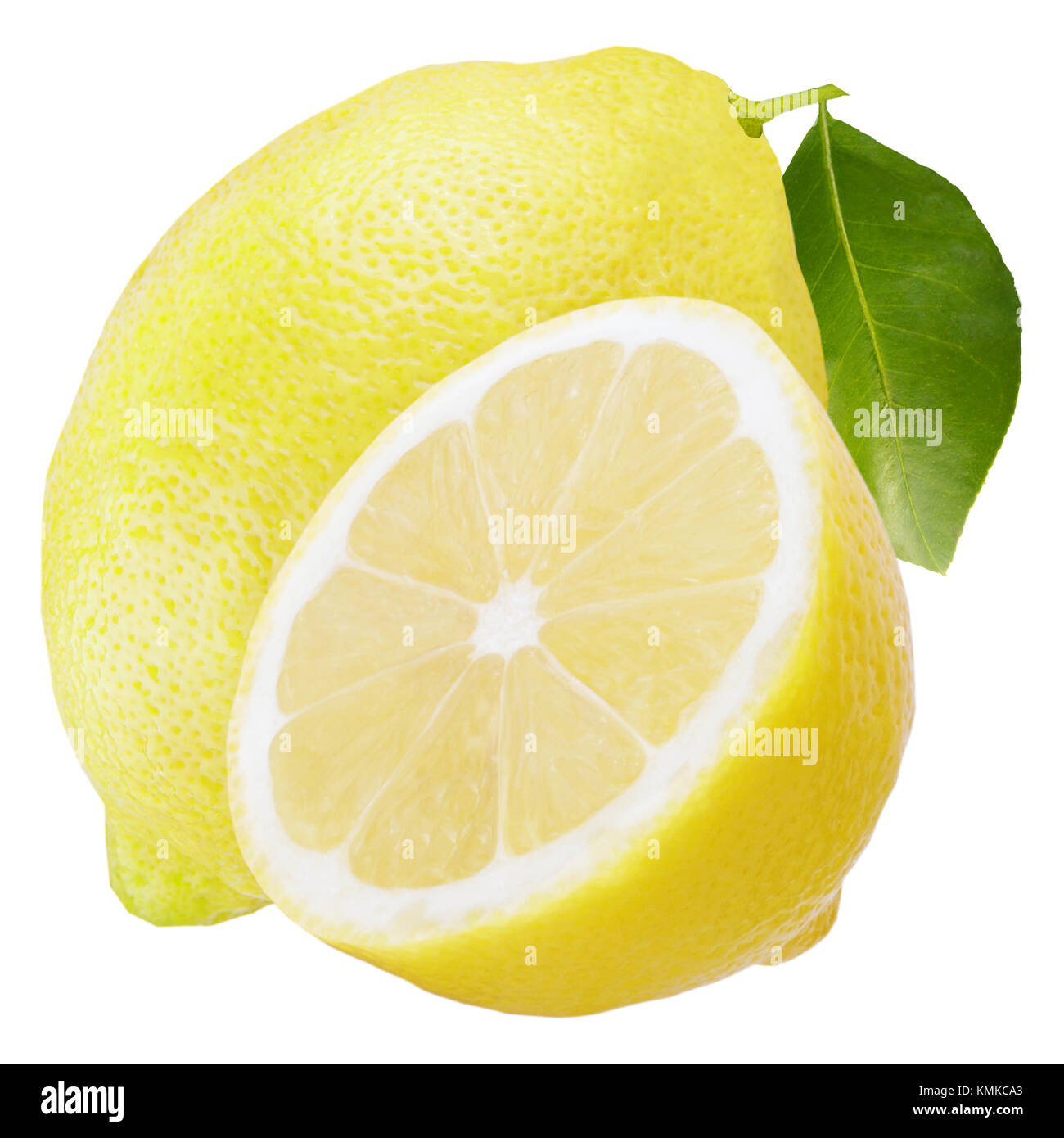Isolated lemons. One lemon fruit with half and leaf isolated on white ...