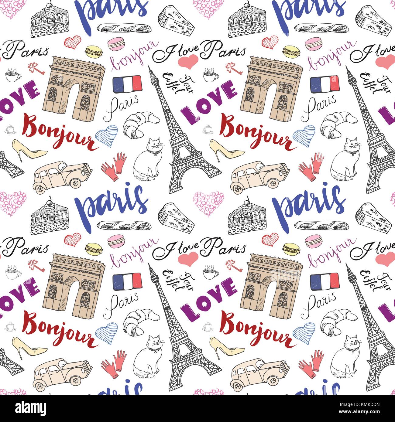 Paris seamless pattern with Hand drawn sketch elements - eiffel tower ...