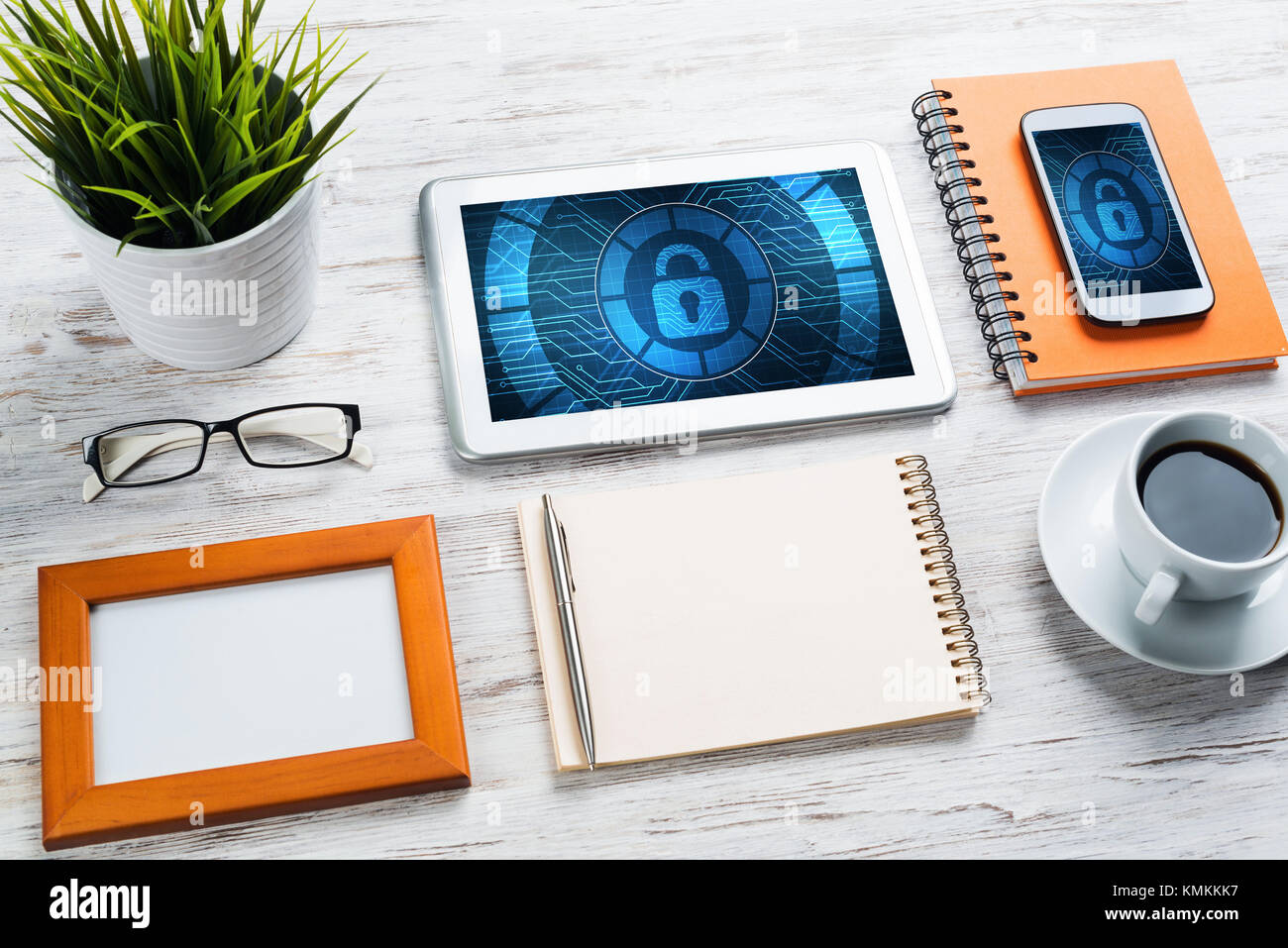 Web security and technology concept with tablet pc on wooden table ...