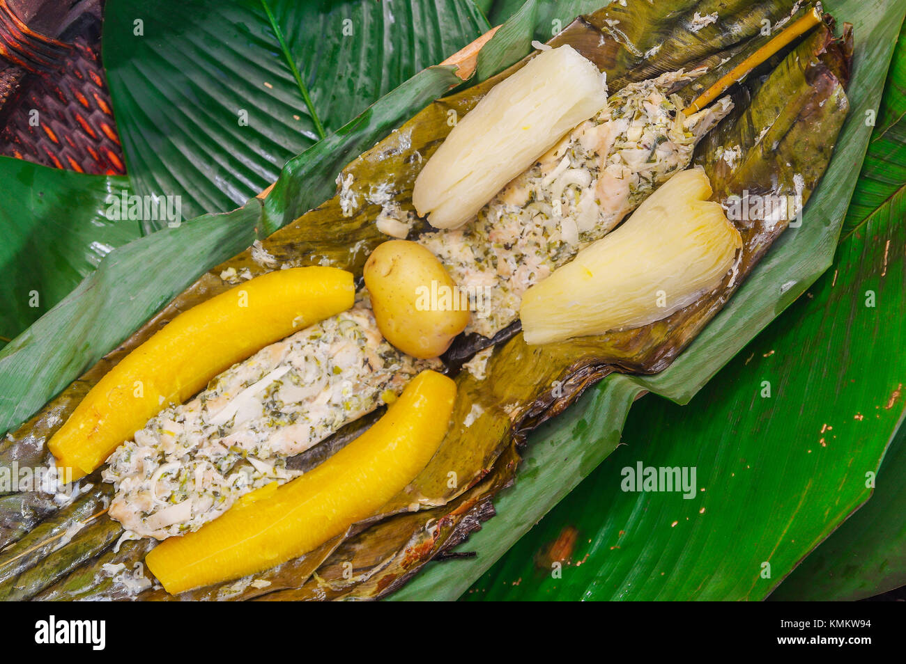 Above view of delicious typical amazonia food, fish cooked in a leaf ...