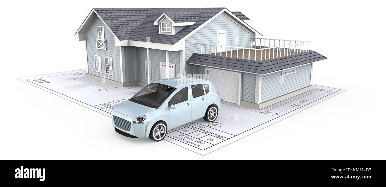 Blue Generic Car and House with Light from windows ontop of Blueprint ...
